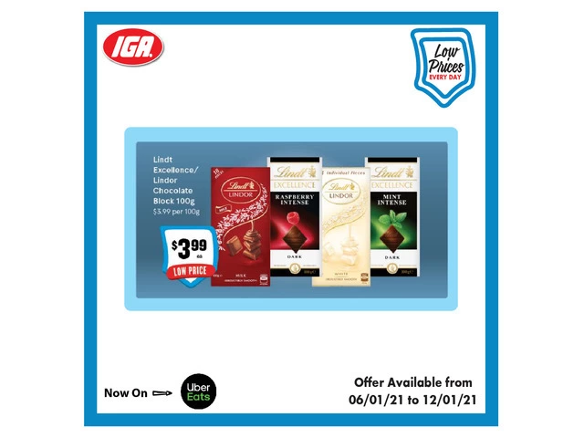 Lindt Excellence/Lindor Chocolate Block at IGA Ravenswood | Launceston ...